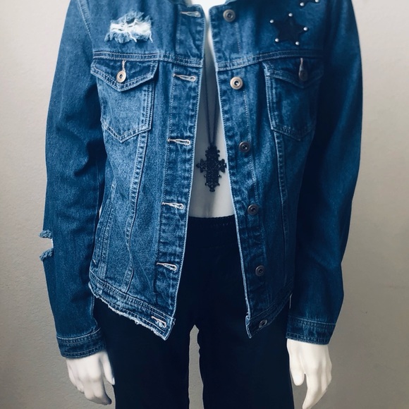 JustFab | Jackets & Coats | Destroyed Denim Jacket With Black Star ...